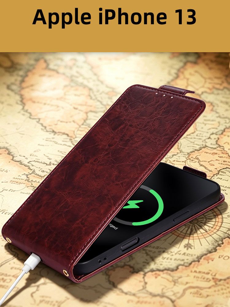 Вертикальный откидной вниз чехол-книжка на Apple iPhone 13 / Айфон 13 из масляно-восковой кожи (с функцией подставки)