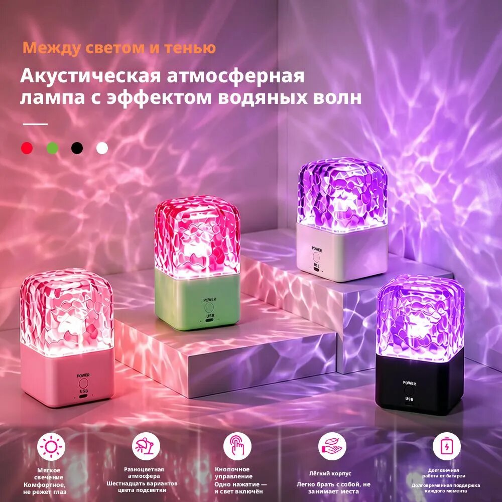 Bluetooth-динамик с эффектом водяных волн, с зарядкой, маленький ночник, дистанционное управление 16 цветами, черный