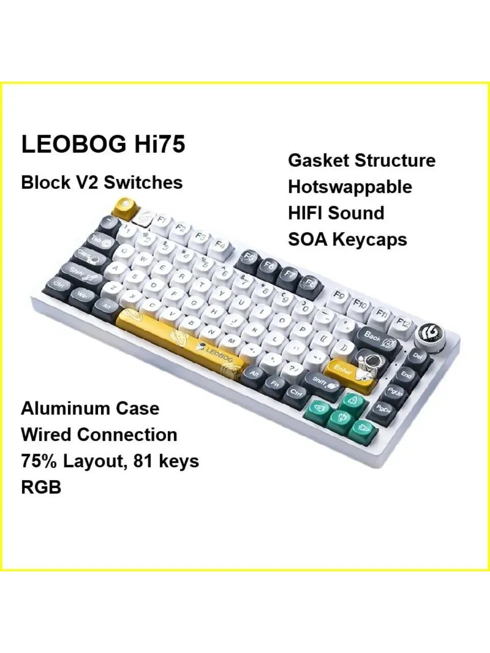 LEOBOG Игровая клавиатура проводная Hi75, Astronaut, Block V2 Switches, SOA Keycaps, Английская раскладка, темно-серый
