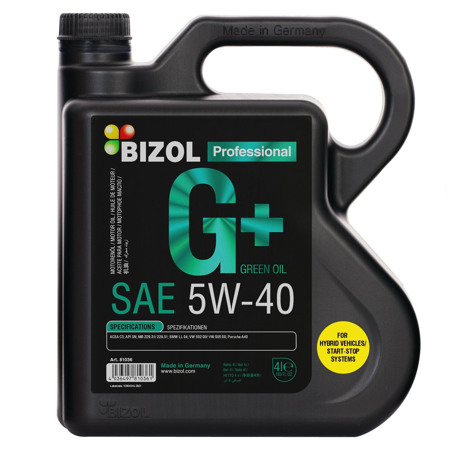 Синтетическое моторное масло Bizol Green Oil+ 5W-40, 4л