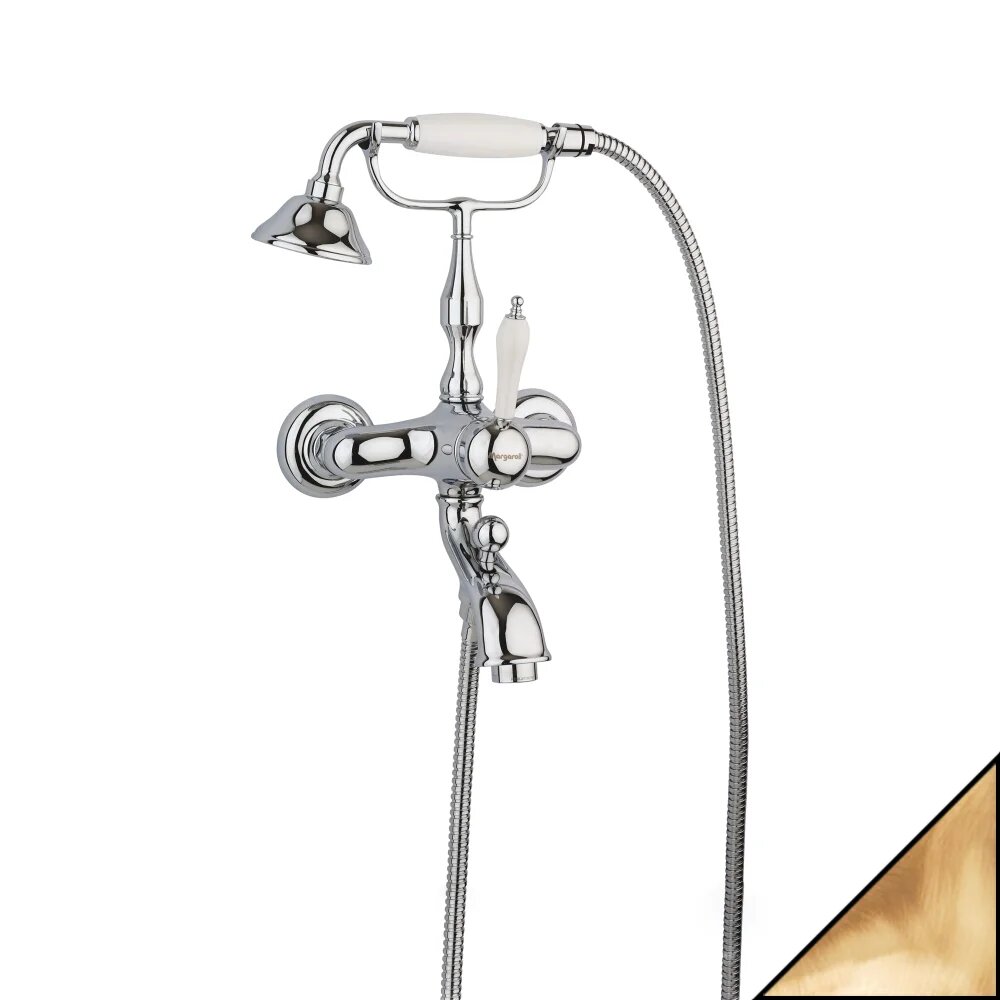 Смеситель для ванны с душем Margaroli Classica RU1004AA01BR с душевым гарнитуром, настенный, однорычажный, бронзовый, белый, глянцевый, латунный, с керамич