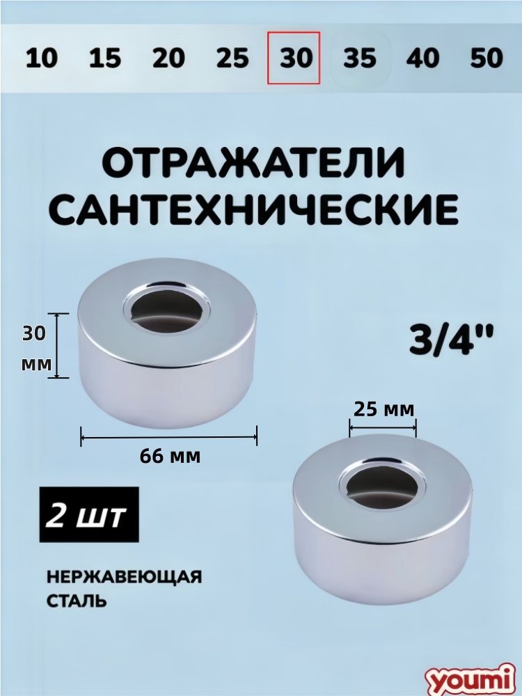 Отражатель сантехнический хромированный из нержавеющей стали 3/4 дюйма, высота 30 мм, внешний диаметр 66 мм, 2 шт.