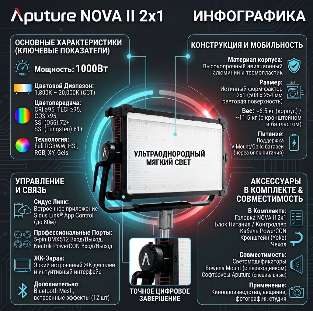 Осветитель Aputure NOVA II 2x1 1000W 1800-20000K