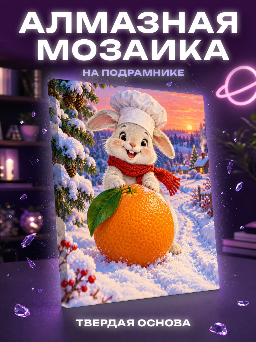 Алмазная мозаика Зайчик катит новогодний мандарин