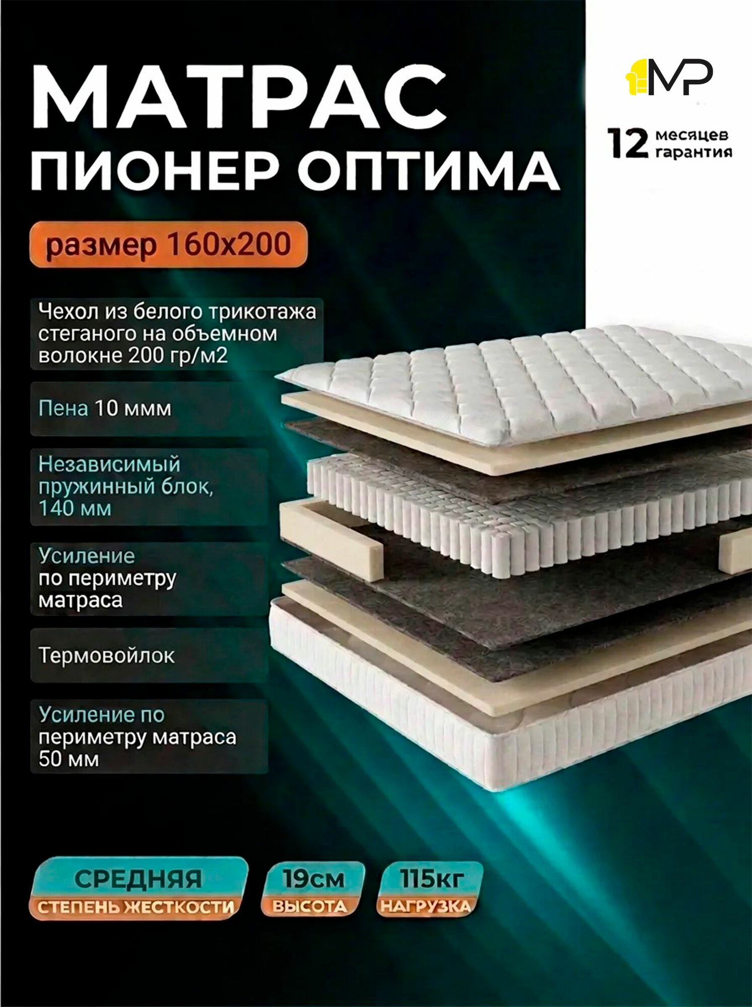 Матрас Пионер Оптима 160х19х200 с независимым пружинным блоком, Мебельный рай