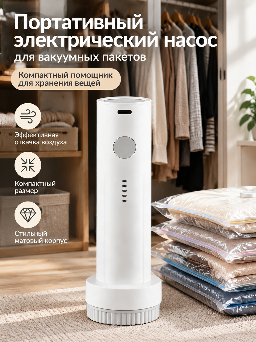 Портативный электрический насос для вакуумных пакетов, белый, компактный, для хранения вещей