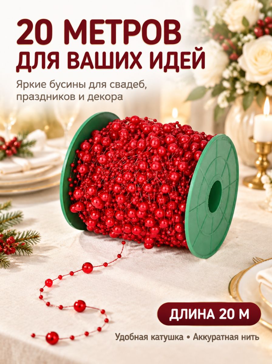 20 метров - жемчужные бусины, 3/8 мм, декоративный материал