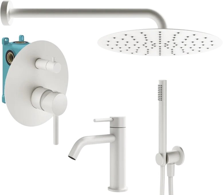 Комплект для ванной Plumberia Selection Ixo KITXO18BO53 4 в 1, встраиваемый, с внутренней частью в комплекте, со смесителем, с тропическим душем, латунный, бел