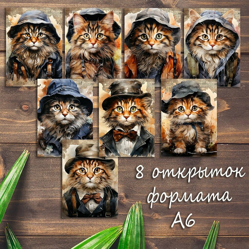 Большой набор открыток Винтажные котики, 8 штук