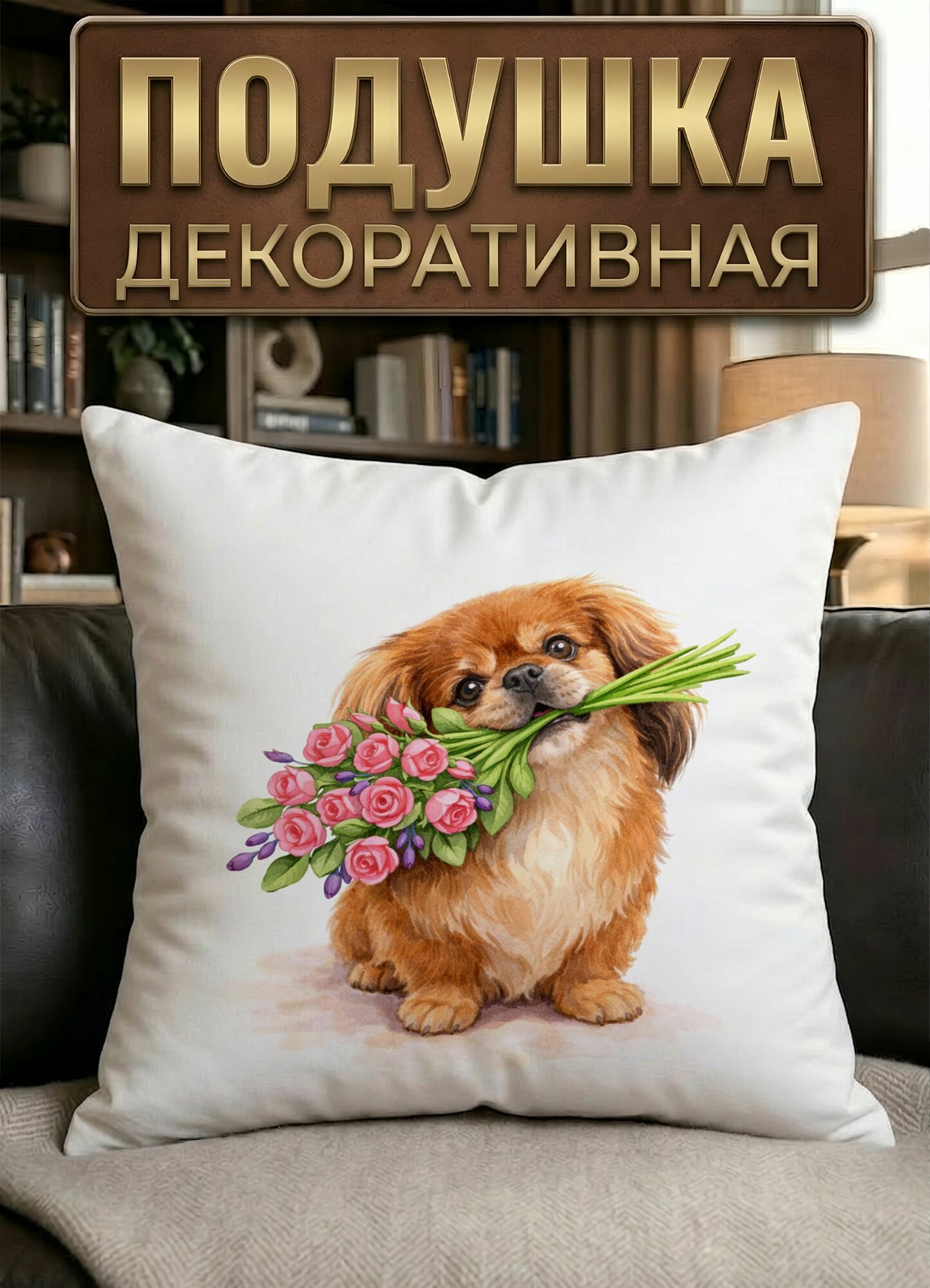 Подушка декоративная Собачка с цветами Пекинес