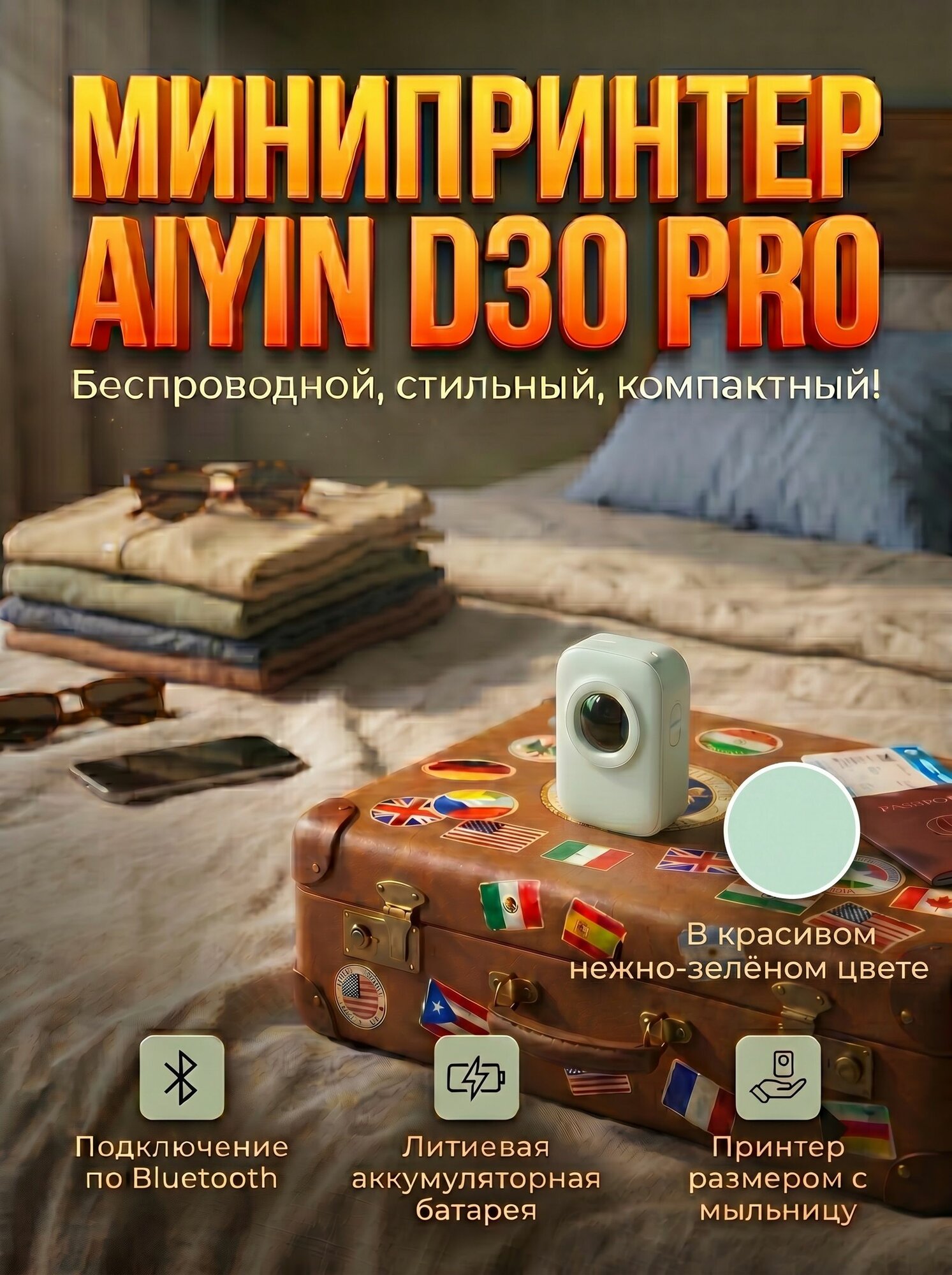 Мини-термопринтер AiYin D30 pro в зелёном цвете, беспроводной, портативный, 203dpi