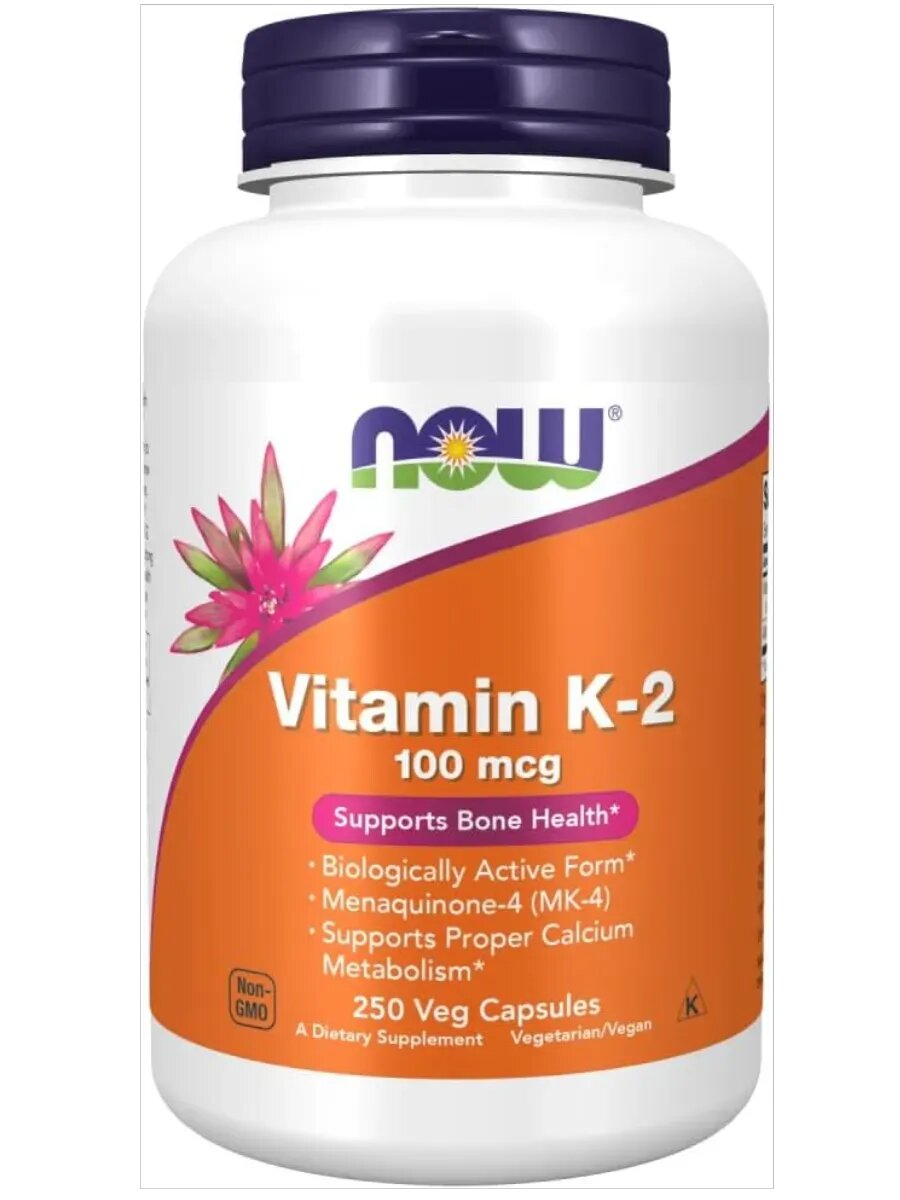 NOW Foods Vitamin K2, 100 mcg, Нау Фудс Витамин K2, 100 мкг, 250 растительных капсул