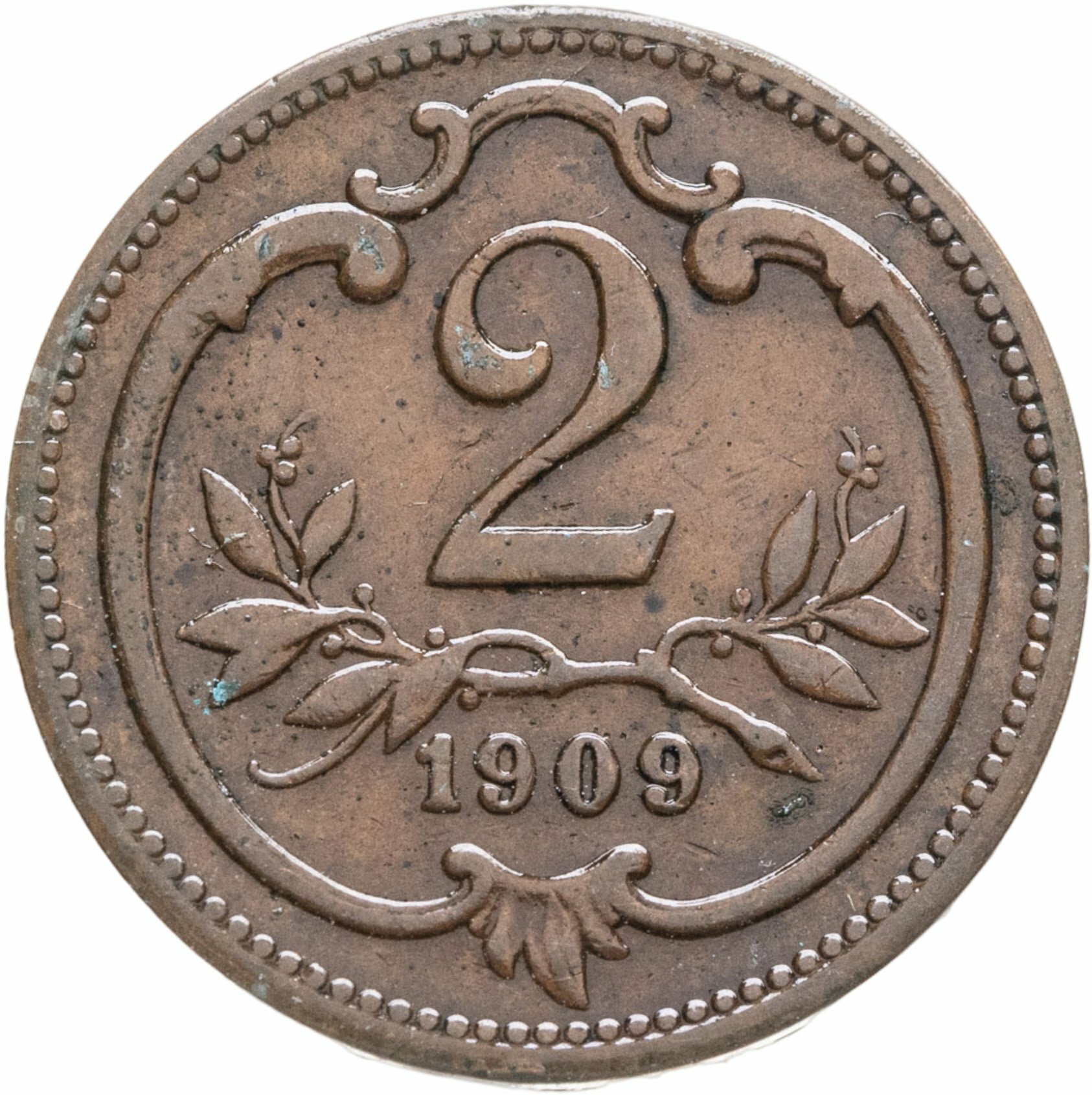 Австрия 2 геллера heller 1909, Бронза, в сохранности VF-XF