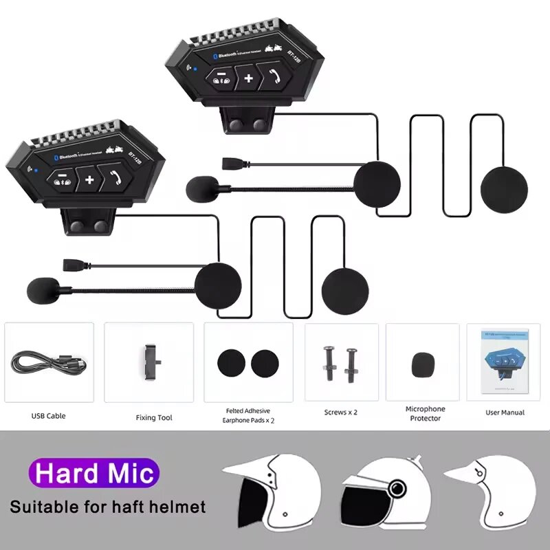 Мотогарнитура BT12B, 2 шт, для шлема, 500 м, 1000 мАч, водонепроницаемая, стерео, беспроводная Bluetooth, громкая связь, муз.