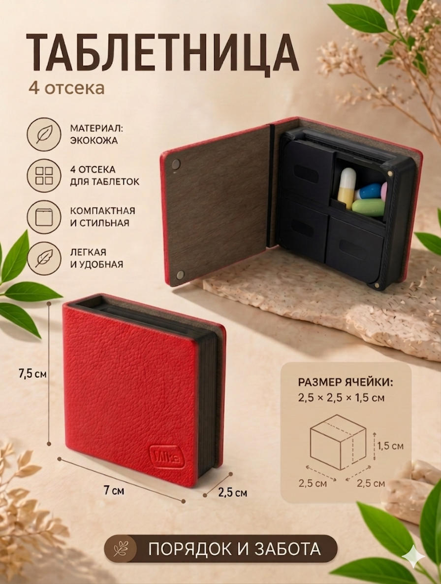 Таблетница на 4 отсека в отделке из экокожи Красная от фабрики MiKs