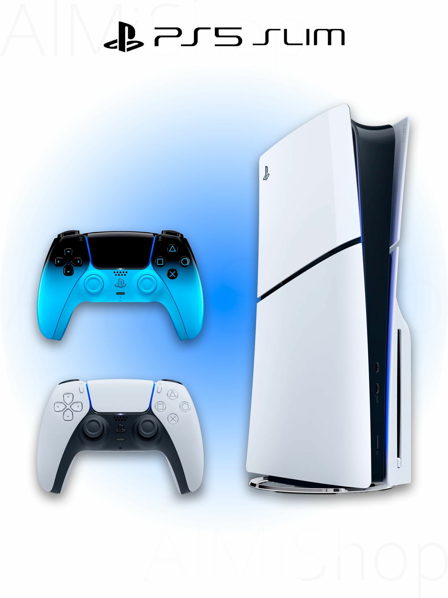 Игровая приставка Sony PlayStation 5 Slim с дисководом + 2 геймпад (сине-черный, Rythm Blue)