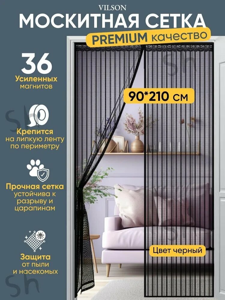 Москитная сетка на дверь на магнитах, Антимоскитная сетка на липучке,90х210см