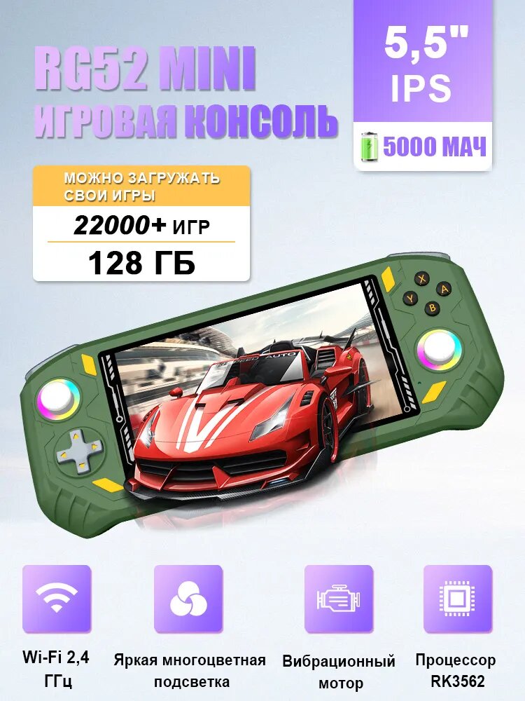 AISLPC RG52 MINI Консоль игровая приставка 2.4G WIFI 5.5' 128 Гб 22000 + игр, зеленый