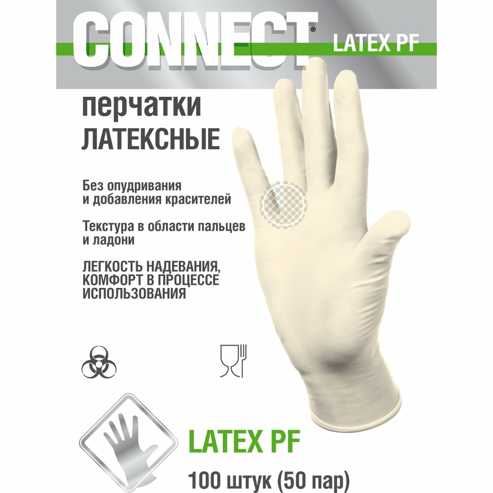 Латексные перчатки CONNECT 100 шт, размер M CТ0000004669 — фото 1
