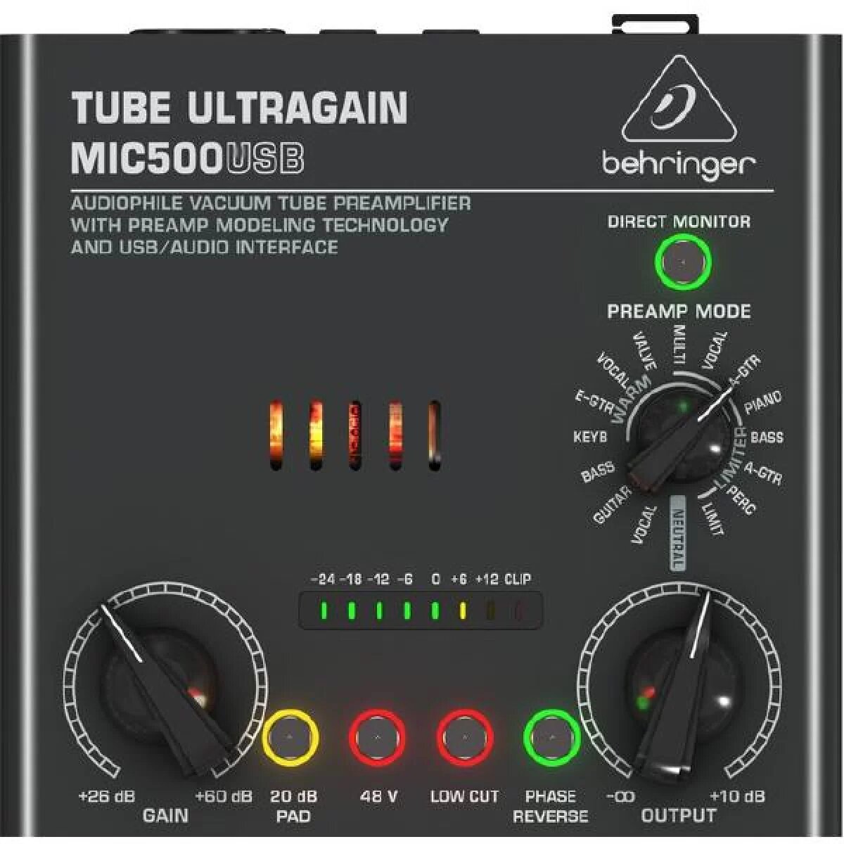 Микрофонный предусилитель BEHRINGER MIC500USB [класс high-end, линейный вход, Direct выход, Hi-Z вход, микрофонный вход, функция моделирования, USB аудио интерфейс 2x2, выход на наушники]