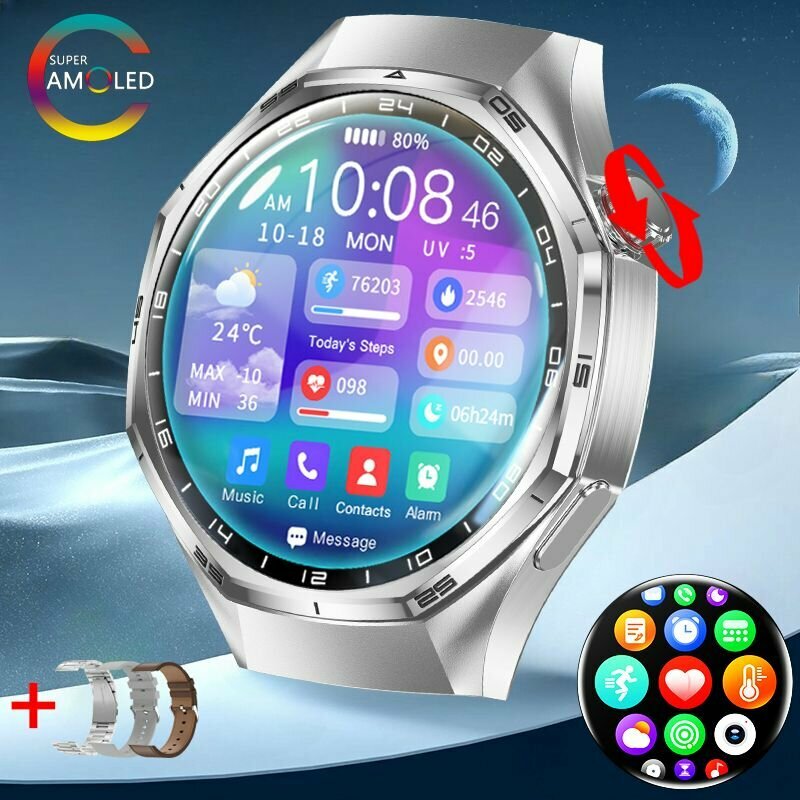 Смарт часы мужские круглые Smart Watch Watch6max с функцией вызова по Bluetooth,3 ремешка,
