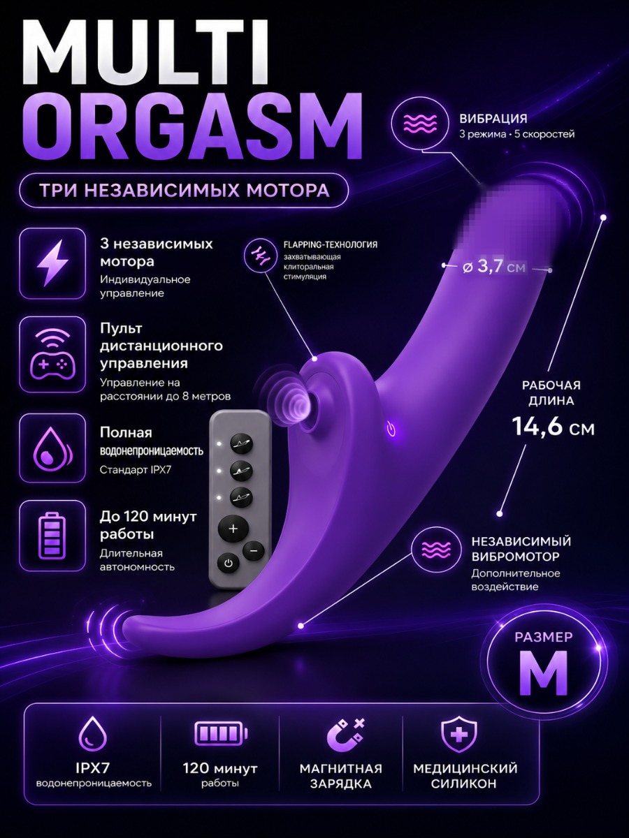 Фаллоимитатор Strap-on-me MULTI ORGASM DILDO c клиторальной стимуляцией и вибрацией М, фиолетовый