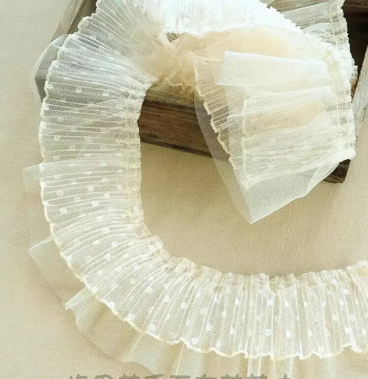 FINEFANTESYER Плиссированная тюлевая кружевная ткань 10 см в горошек Белый, light apricot, 10meter
