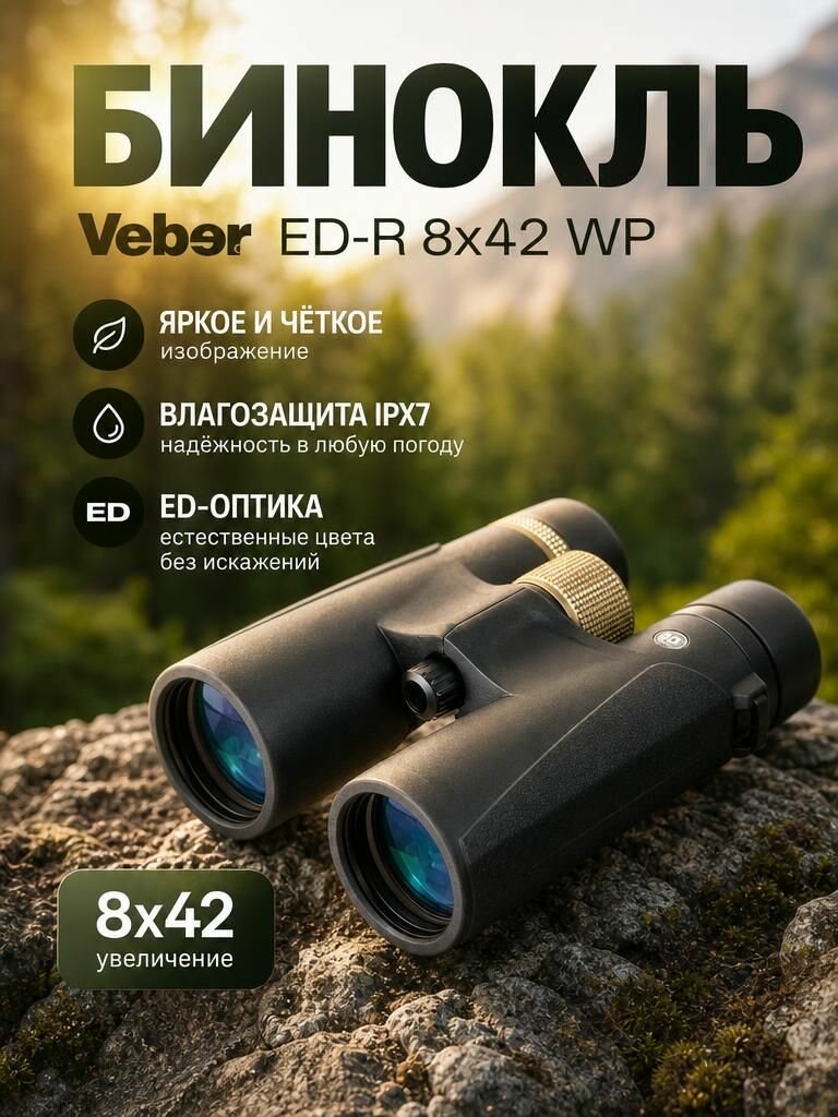 Бинокль Veber ED-R 8x42 WP мощный профессиональный для охоты и рыбалки, универсальный, защита от запотевания