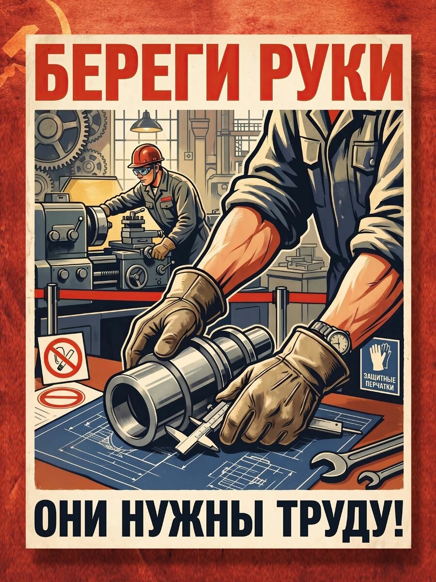 Постер СССР "Береги руки, они нужны труду!" - 30х40см (без рамки)