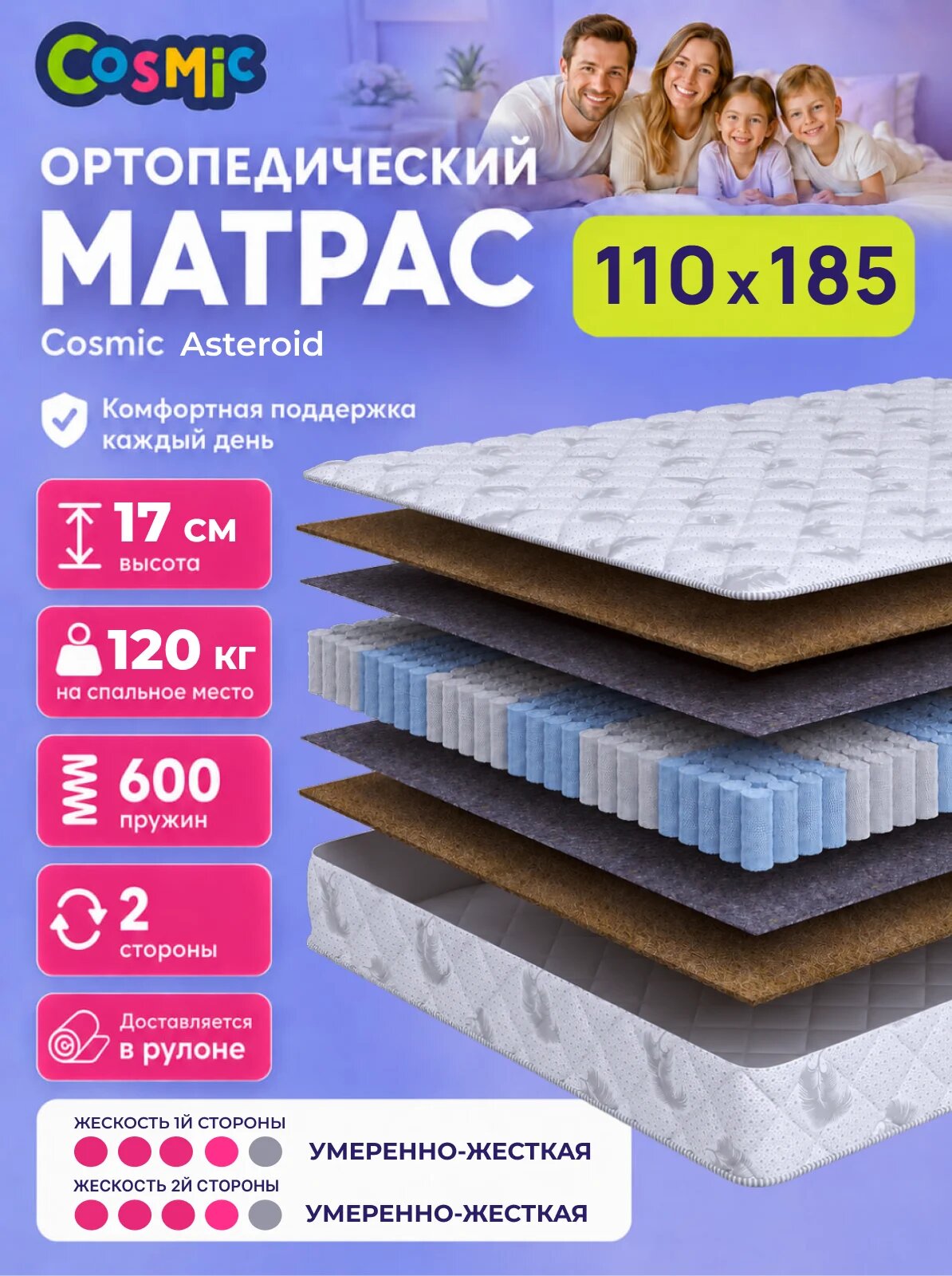 Матрас Cosmic Asteroid 110x185 см, пружинный, умеренно-жесткий, высота 17 см, анатомическая поддержка