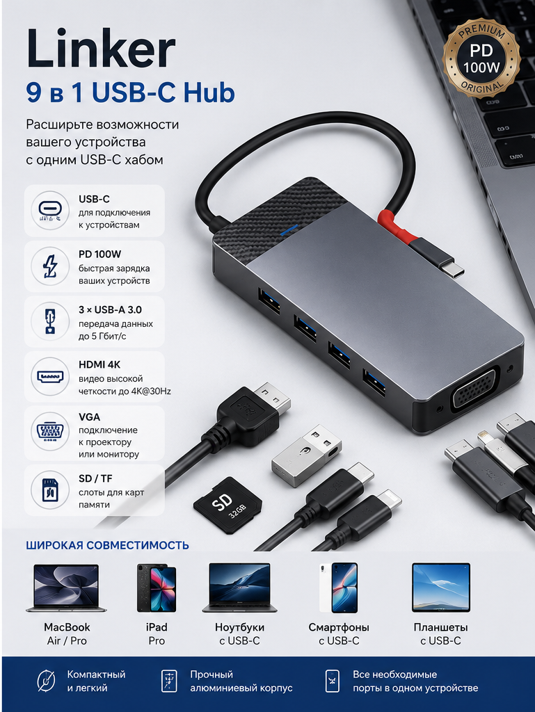 USB-C хаб WIWU Linker 9 в 1, HDMI 4K, VGA, PD 100W, USB-концентратор для ноутбука, серый