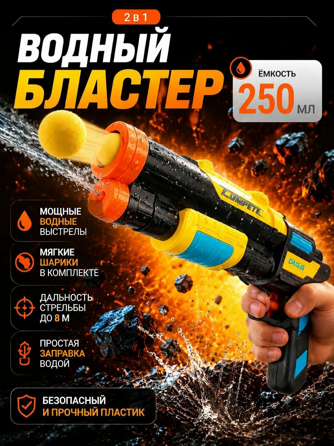 Водный бластер 2 в 1 с мягкими EVA шариками, игрушка для уличных игр старше 14 лет