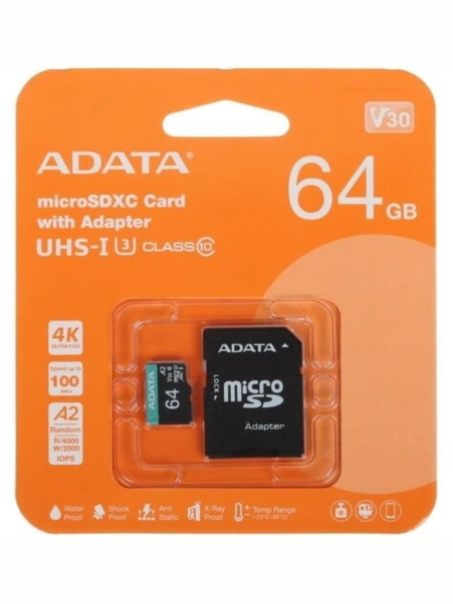 Карта памяти Adata microSDXC 64Gb Premier Pro UHS-I U3 V30 A2 + ADP (100/80 Mb/s)