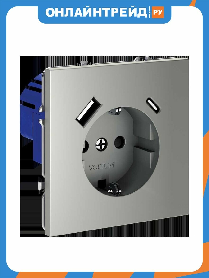 Розетка встраиваемая Voltum S70 с заземлением и защитными шторками, 16А, с USB, A+С, (сталь) VLS040505