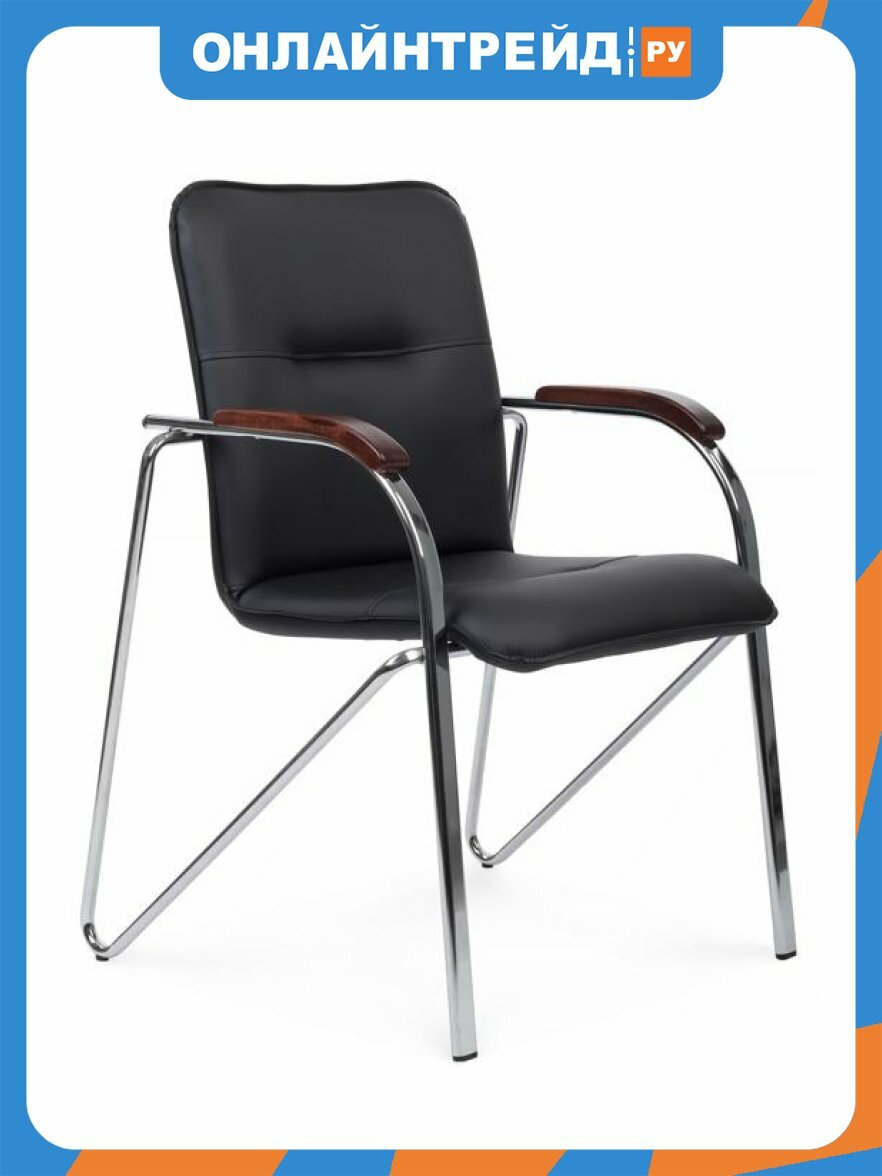Кресло офисное Riva Chair Самба с деревянными подлокотниками SMB-02H Хром гальв. Черный