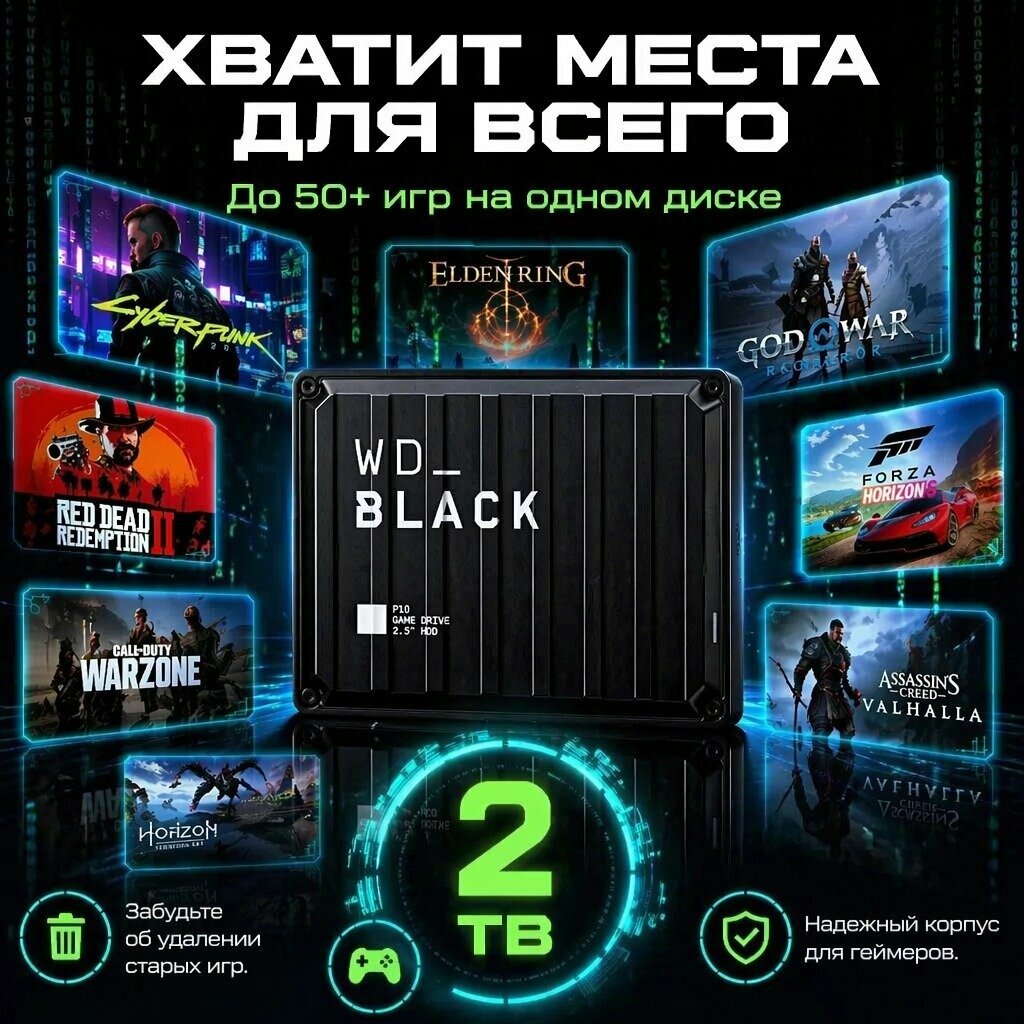 Игровой HDD WD_BLACK P10 2ТБ портативный накопитель USB 3.2 для консоли PlayStation и Xbox
