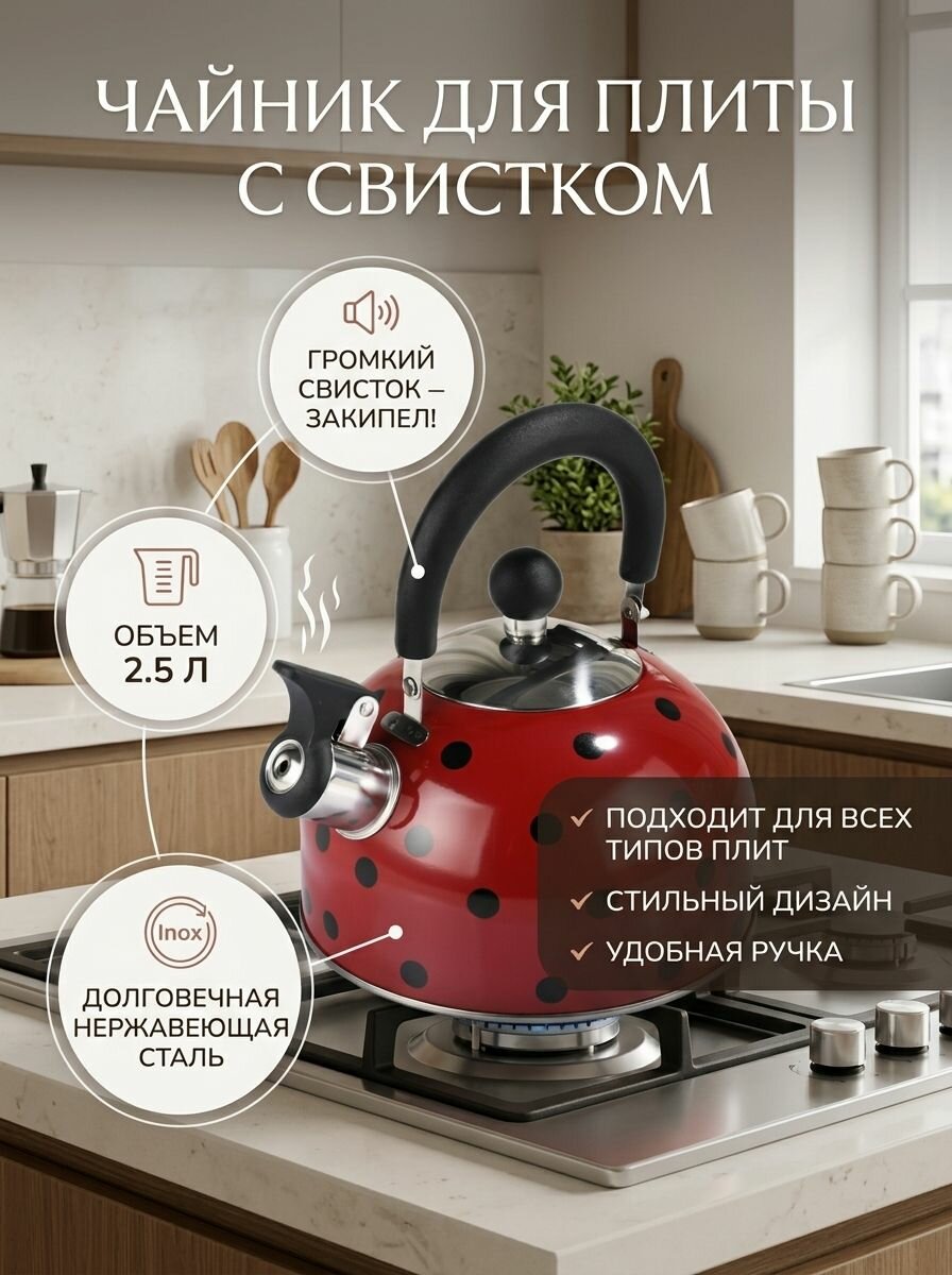 Чайник крышка 2.5 л крышка в комплекте, с толстым дном нержавеющая сталь красный