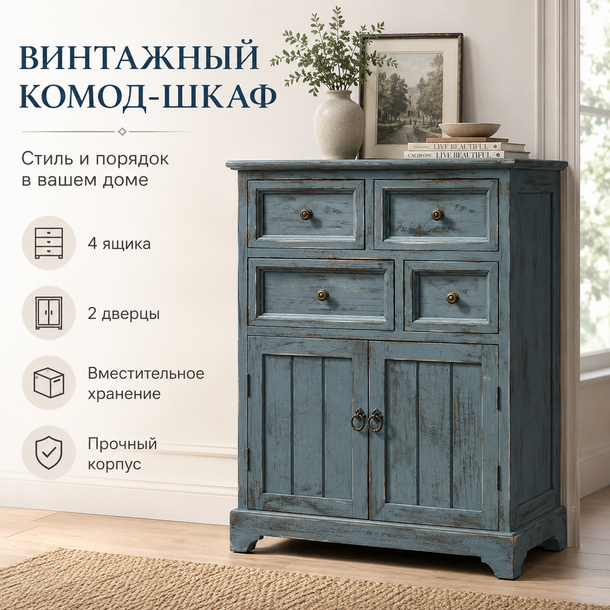 Комод "Арт-Деко", винтажный, средиземноморский стиль, 60x30x77см