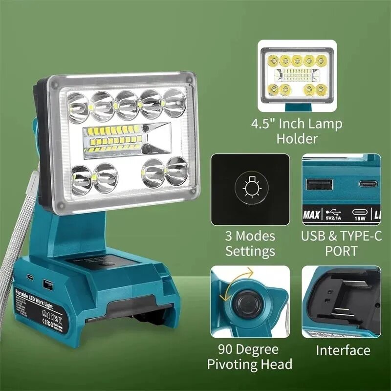 Рабочий фонарь, совместимый с Makita 18v, портативным светодиодным источником питания для аварийного кемпинга