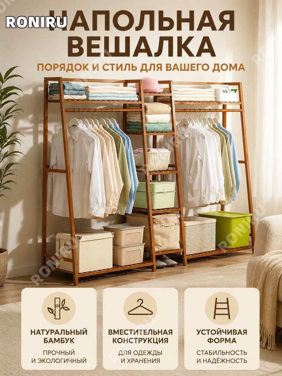 Напольная вешалка из бамбука и ротанга, трапециевидная стойка для одежды в прихожую спальню гостиную съемное жилье, чайный цвет