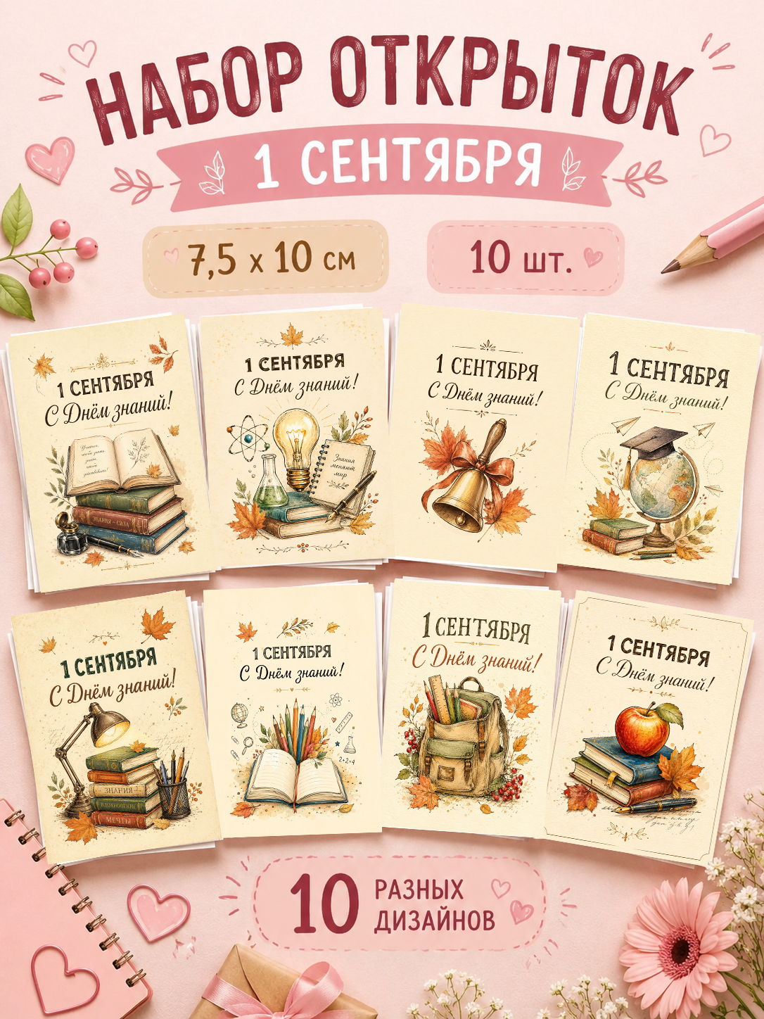 Набор открыток «1 сентября» 10 шт, винтажные мини-открытки 7,5×10 см ко Дню знаний