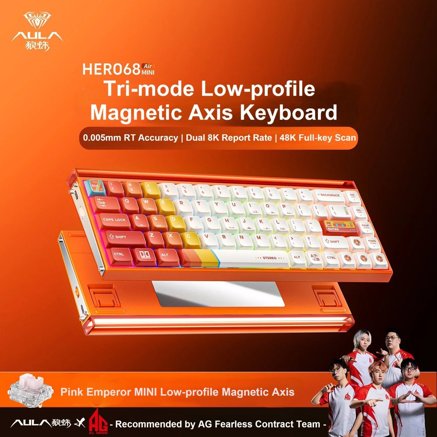 Беспроводная игровая клавиатура AULA HERO68 MINI Air 61 клавиш Оранжевый, Flame Orange
