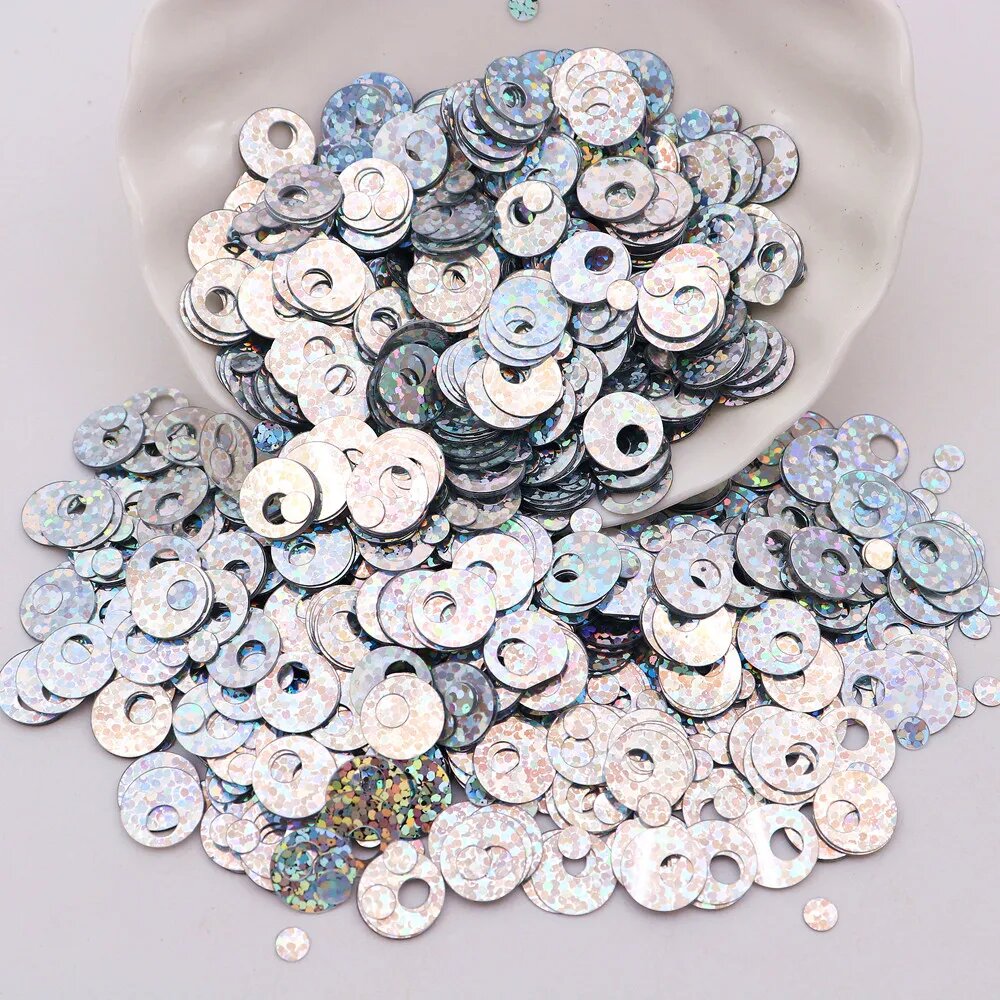 ПВХ-блестки плоские круглые 10 мм с большим отверстием 20 г 20g 400pcs, Laser Silver