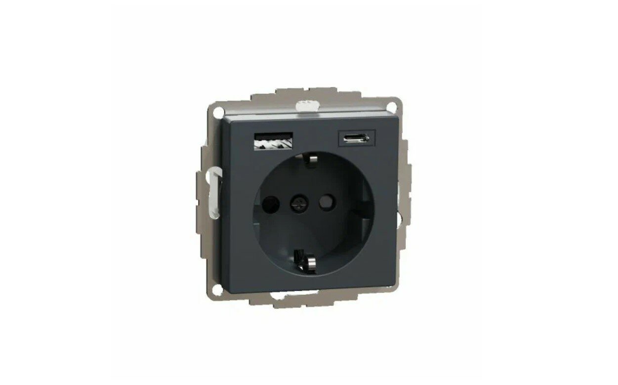 Schneider Electric MERTEN SM Антрацит Розетка силовая 16 A с зарядкой USB A+C 3 A, MTN2367-0414, 1 шт.