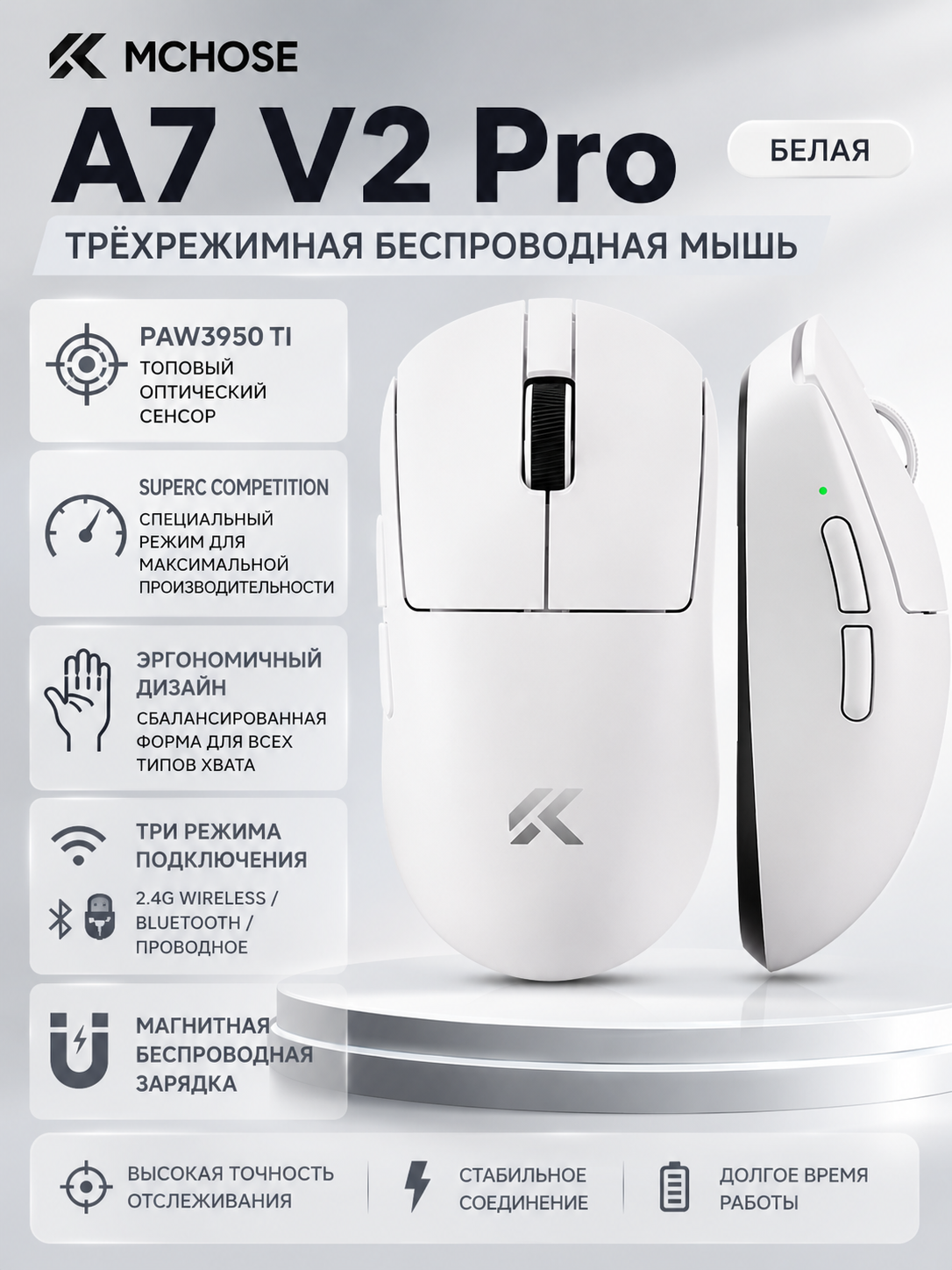 MCHOSE Игровая мышь беспроводная A7 V2 Pro, Датчик PAW3395, проводная 8К/беспроводная