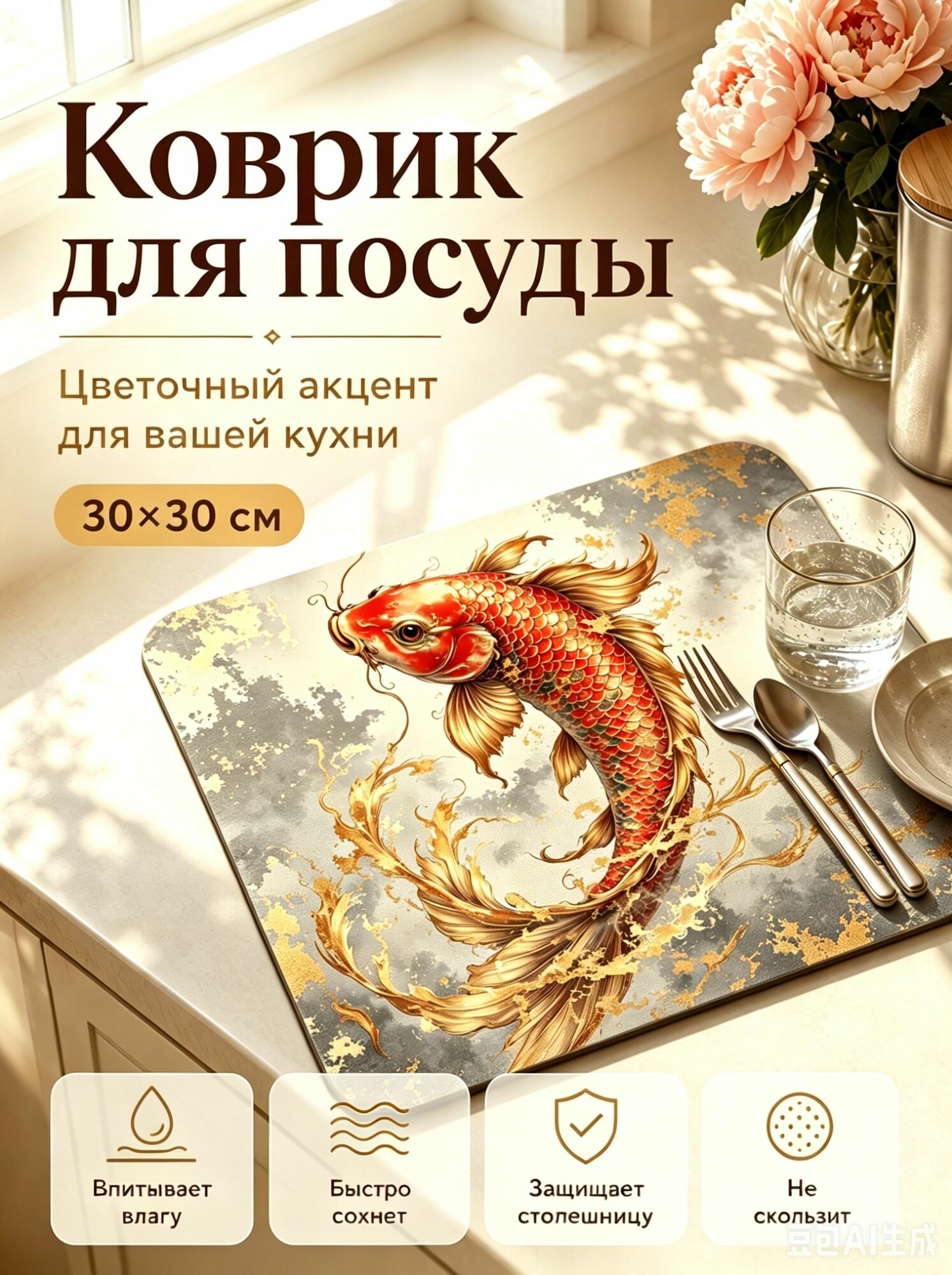 Коврик для сушки посуды, 30 см х 30 см , 1 шт