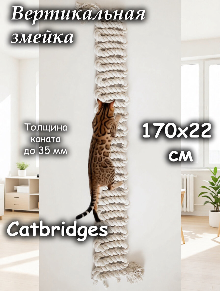 Вертикальная Змейка 170х22х3,2 см. С креплениями. Catbridges Настенный мост для кошек. Когтеточка. Лежанка.