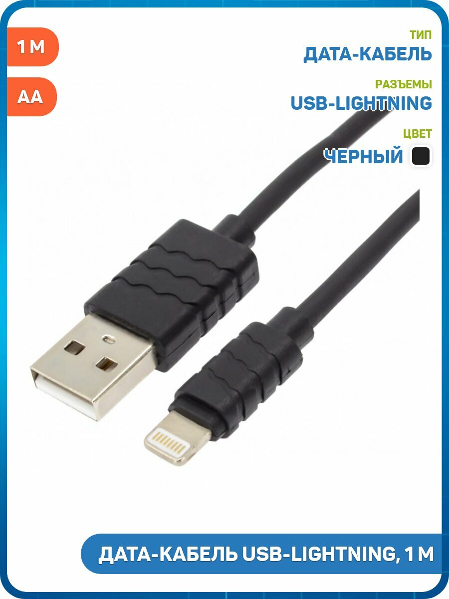 Дата-кабель USB-Lightning, 1 м, черный, AA