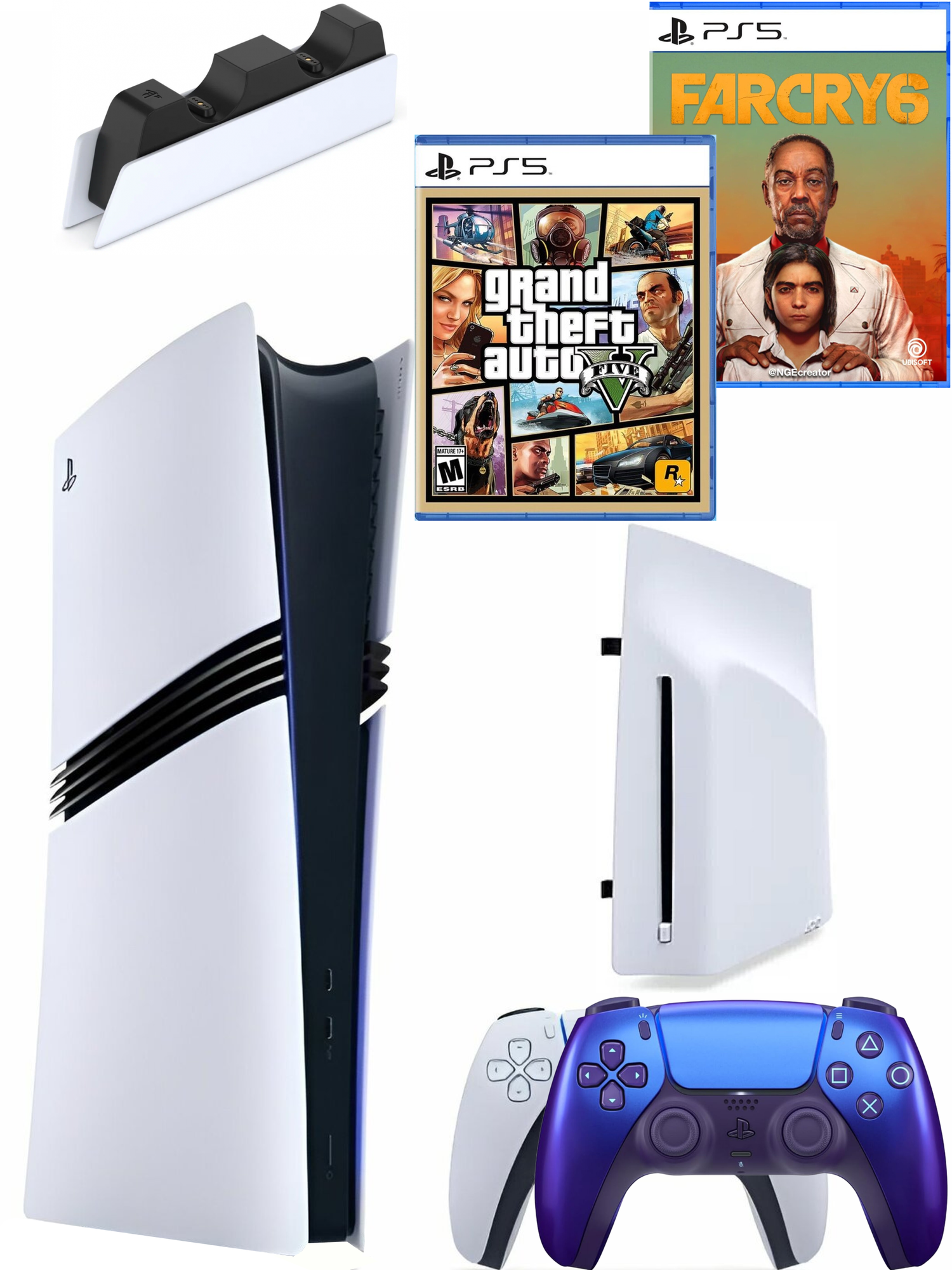 Игровая приставка Sony PS 5 Pro Digital Edition+Зарядная станция+ Дисковод +2-ой геймпад+GTA5, Far Cry 6, 2Tb SSD