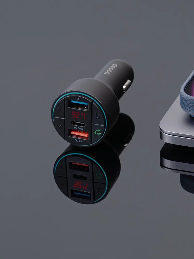 FM-трансмиттер Wave Lite, 48Вт, ENC, Bass boost, bluetooth 5.3, быстрая зарядка Power Delivery и Quick Charge LED, черный, Deppa